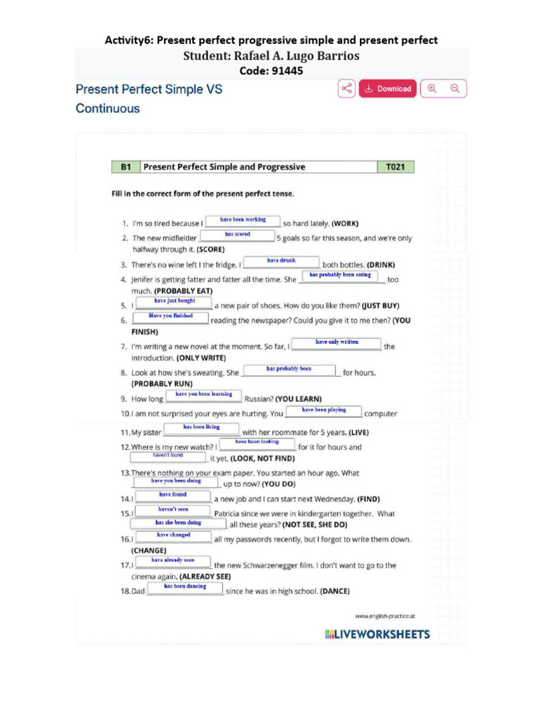 Activity6 Present Perfect Progressive Simple and Present Perfect Student Rafael a. Lugo Barrios ...