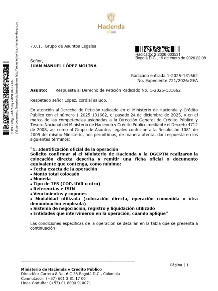Respuesta a Derecho de Petición TES | PDF | Deuda | Colombia