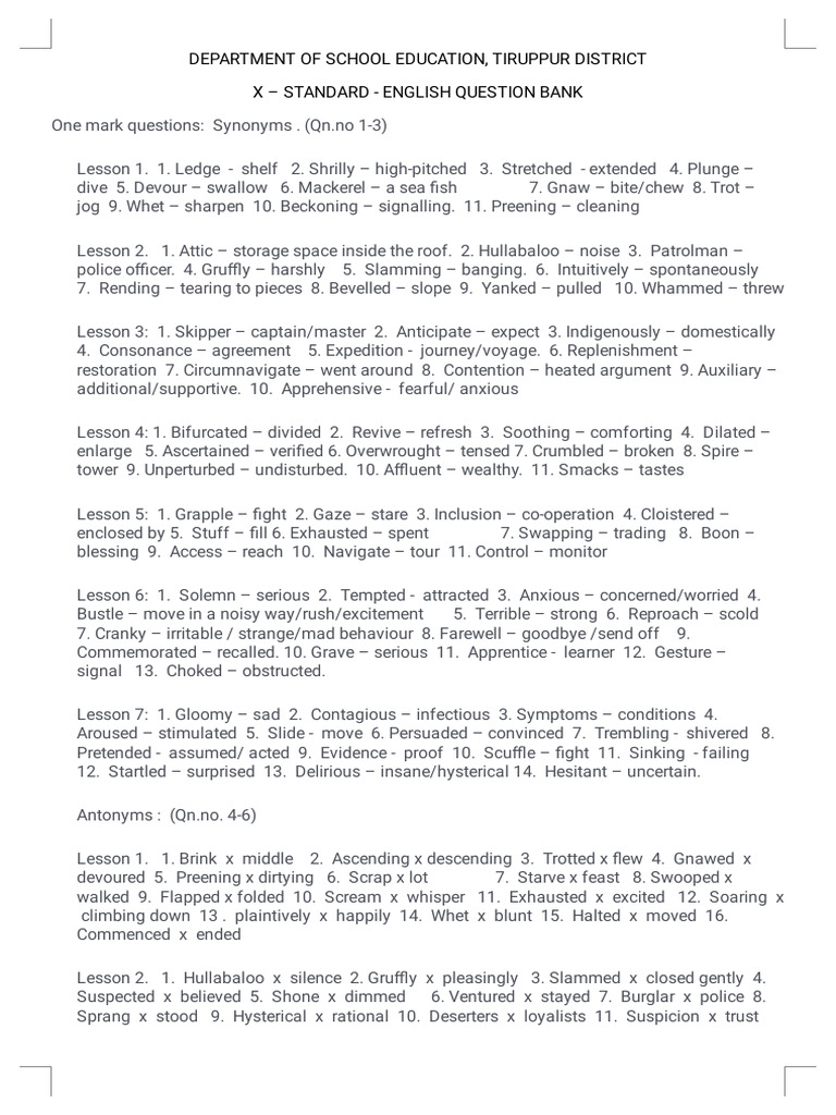 English Question Bank for X Standard | PDF