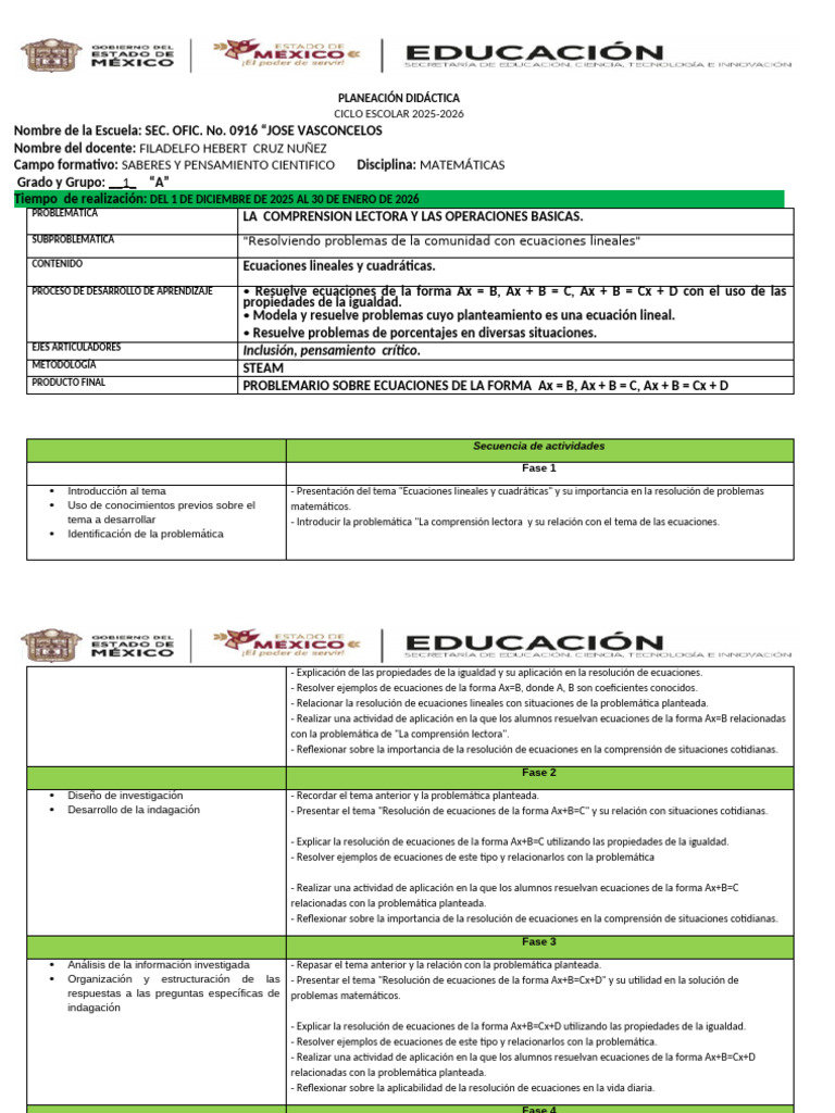 PLANEACIÓN DIDÁCTICO MATE 1 PROYECTO 2 | PDF | Ecuaciones | Ecuación cuadrática