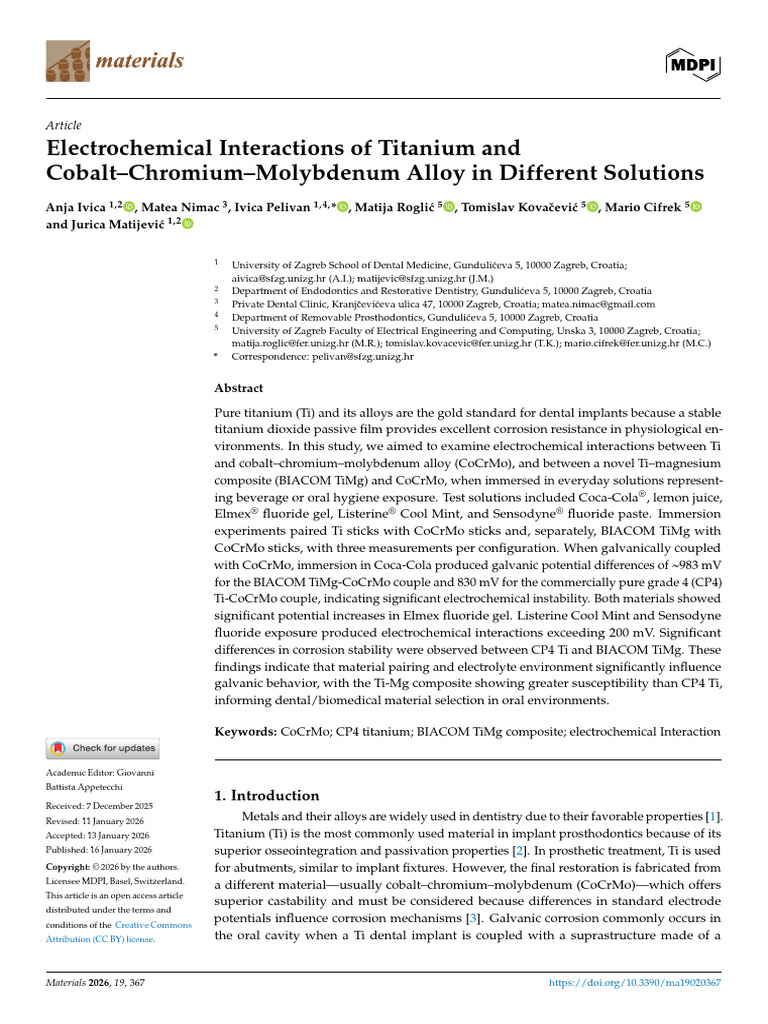 Electrochemical Interactions of Titanium and Cobalt–Chromium–Molybdenum ...