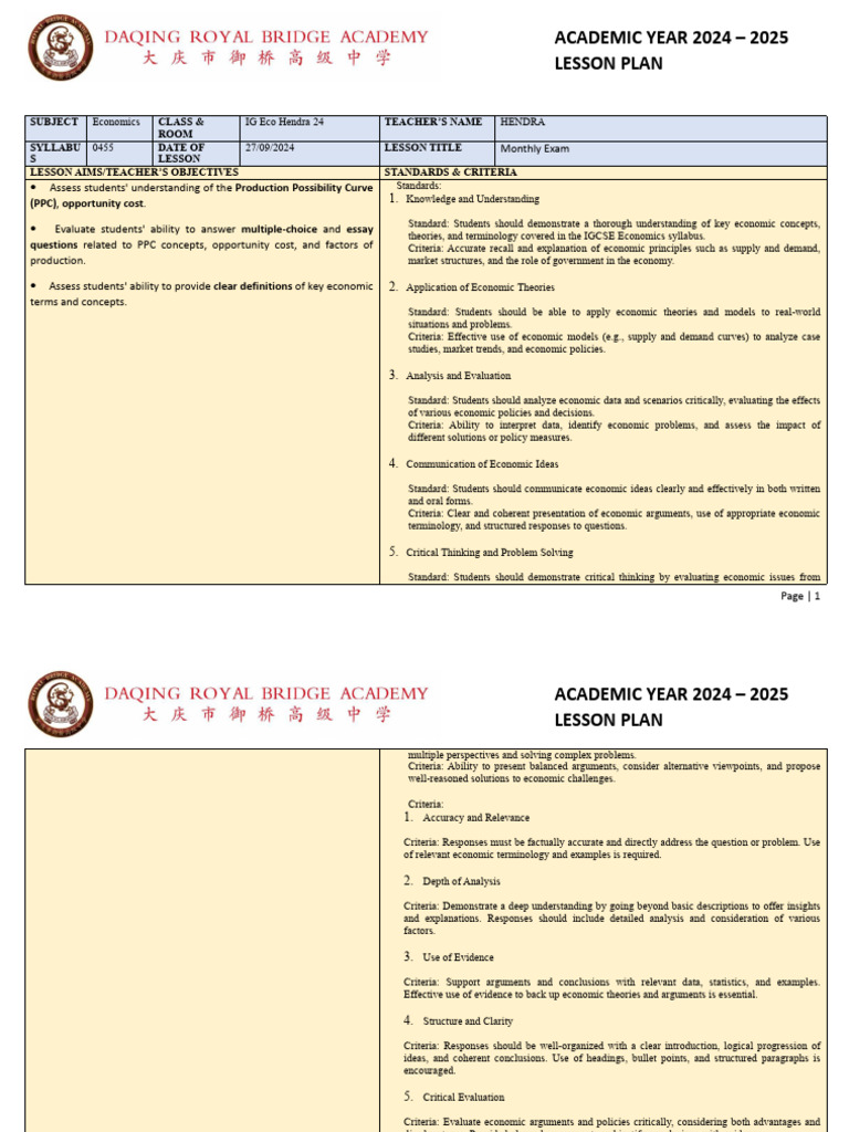 LESSON PLAN Week07e Eco IG 0455 2024 | PDF | Critical Thinking | Economics
