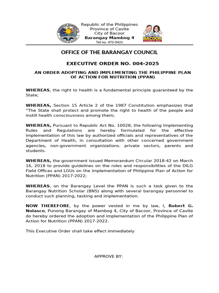 Barangay Executive Order 004-2025 PPAN | PDF