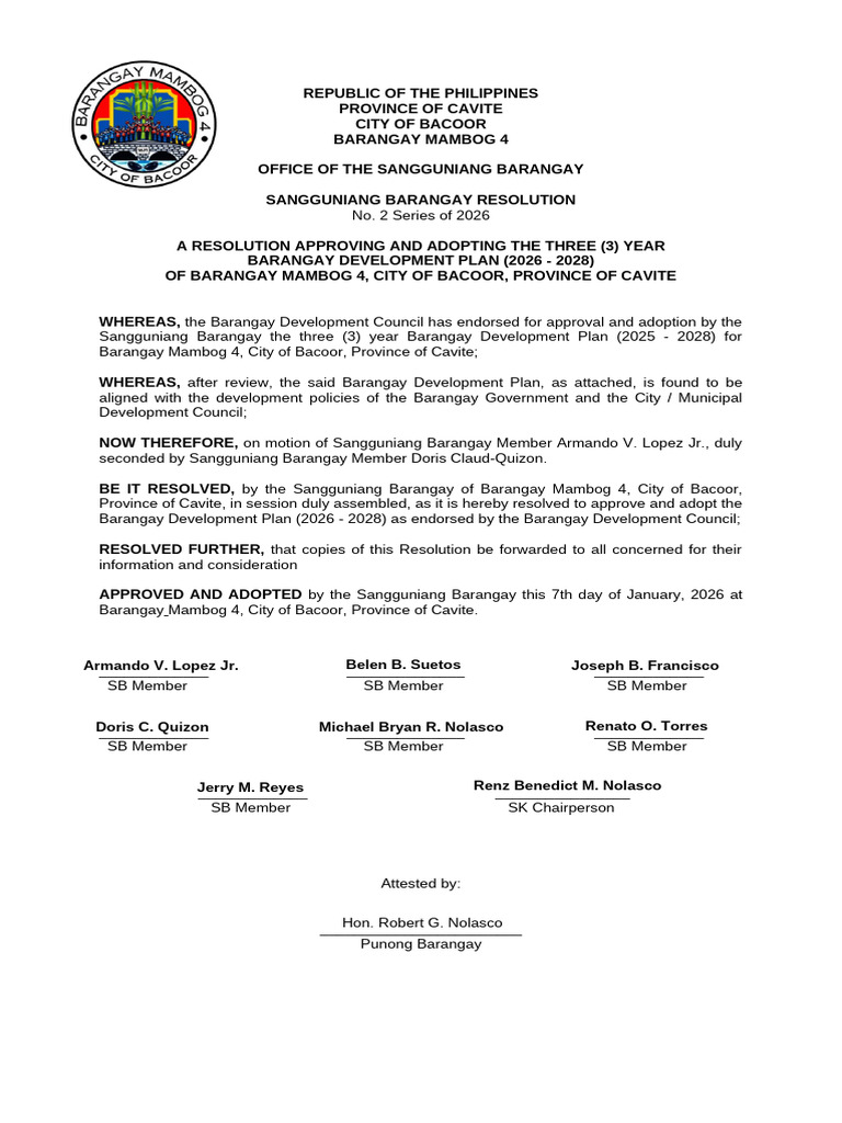 Barangay Resolution No. 1-2026 Adopting & Approving BDP Plan | PDF