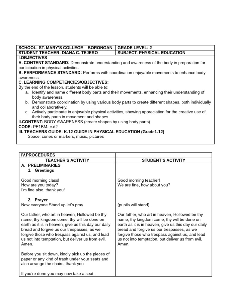 Lesson Plan PE | PDF | Lord's Prayer | Physical Education