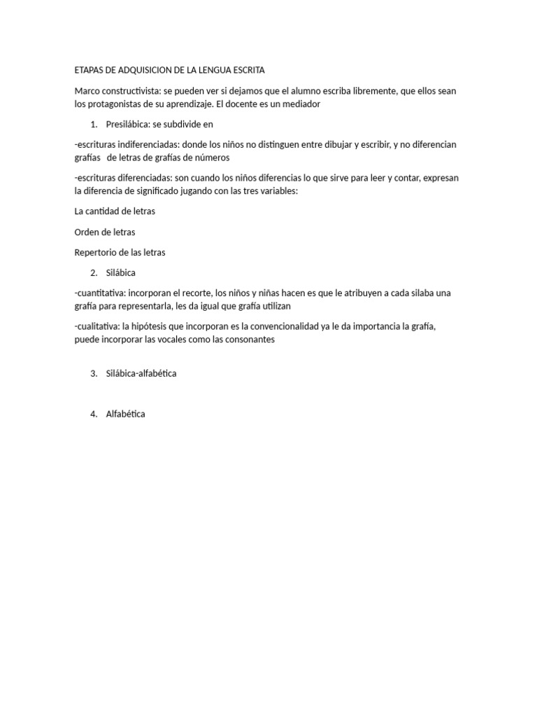 Etapas de Adquisición de la Lengua Escrita | PDF