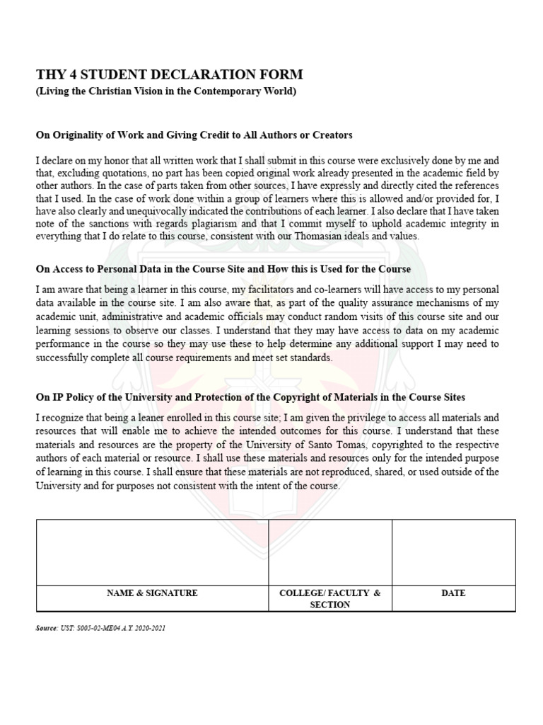 Ust-student Declaration Form - Thy 4 | PDF