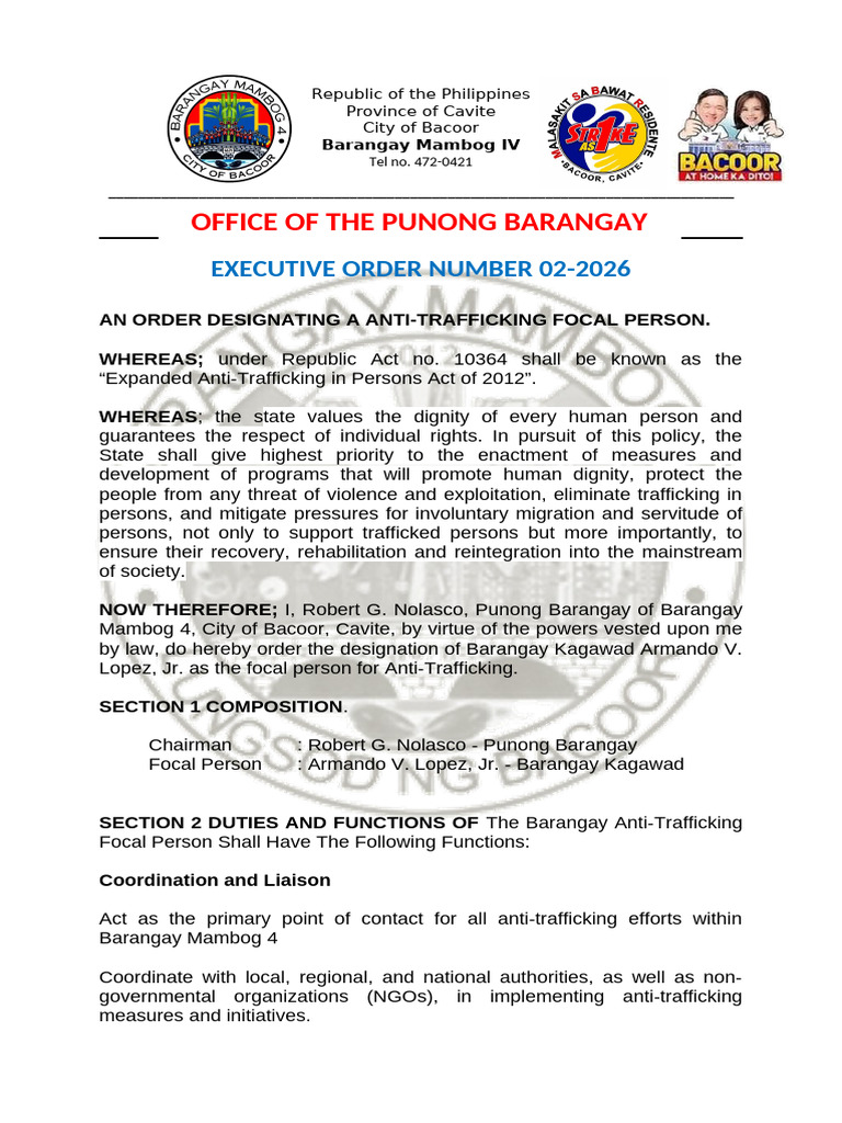 Brgy Executive Order No 2-2026 Anti Trafficking | PDF | Human ...