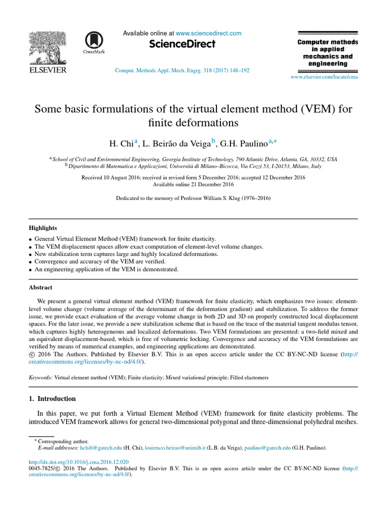 Virtual Element Method for Finite Elasticity | PDF | Finite Element ...