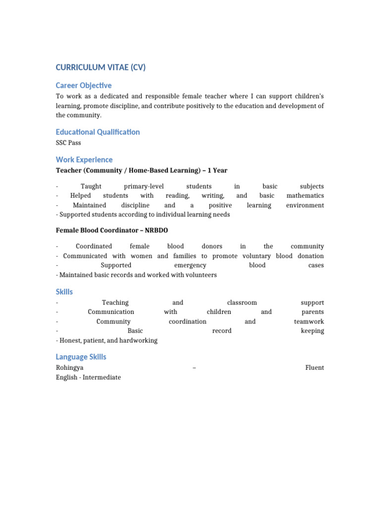 Female Teacher CV with Community Focus | PDF