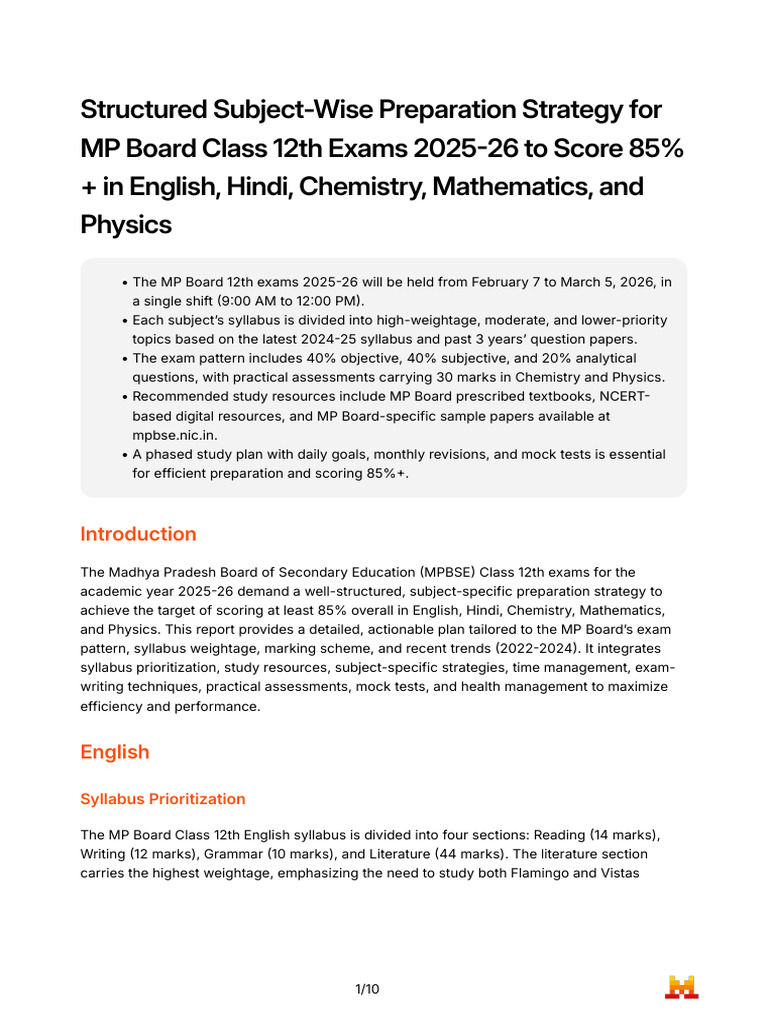 MP Board Class 12th 2025 26 Subject Wise Preparation Strategy For 85 ...