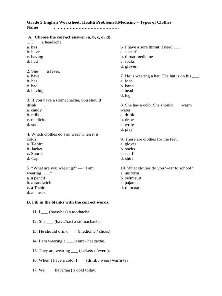 Grade 5 English Worksheet | PDF | Common Cold | Clothing