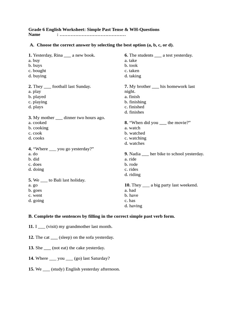 Grade 6 Simple Past Tense Worksheet | PDF | Language Mechanics | Grammar
