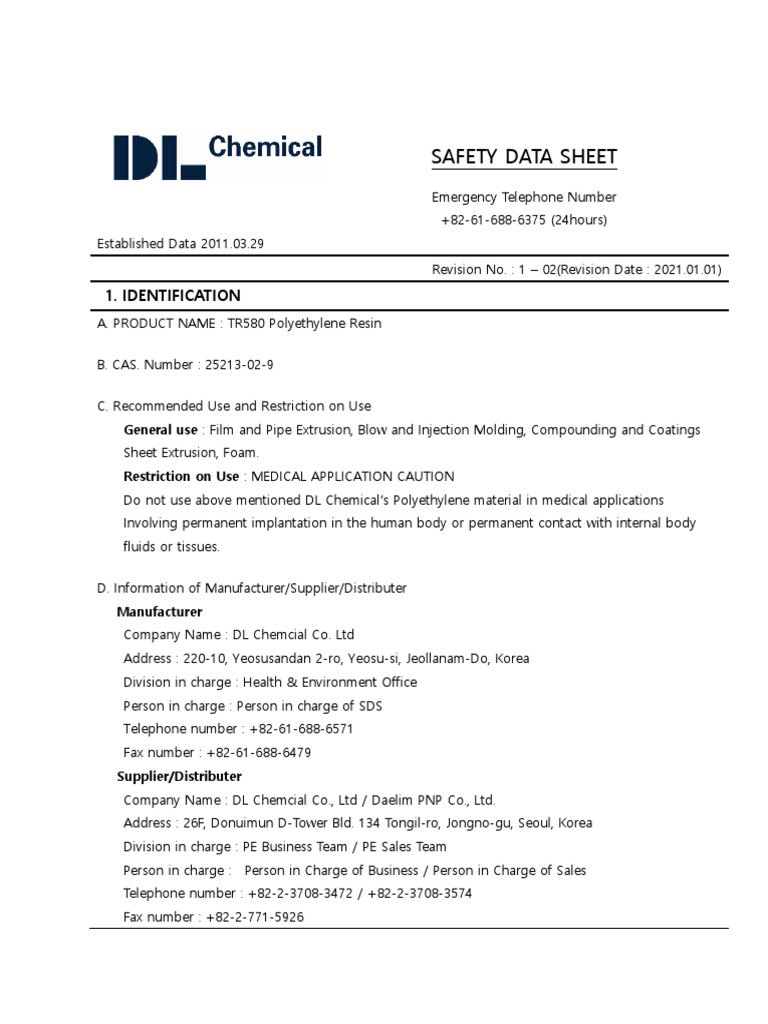 Msds Tr580 Eng | PDF | Dangerous Goods | Working Conditions