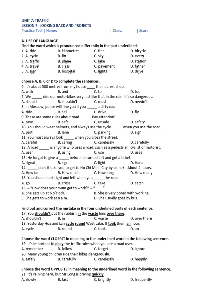 G7 Unit 7 Practice Test | PDF | Road | Traffic