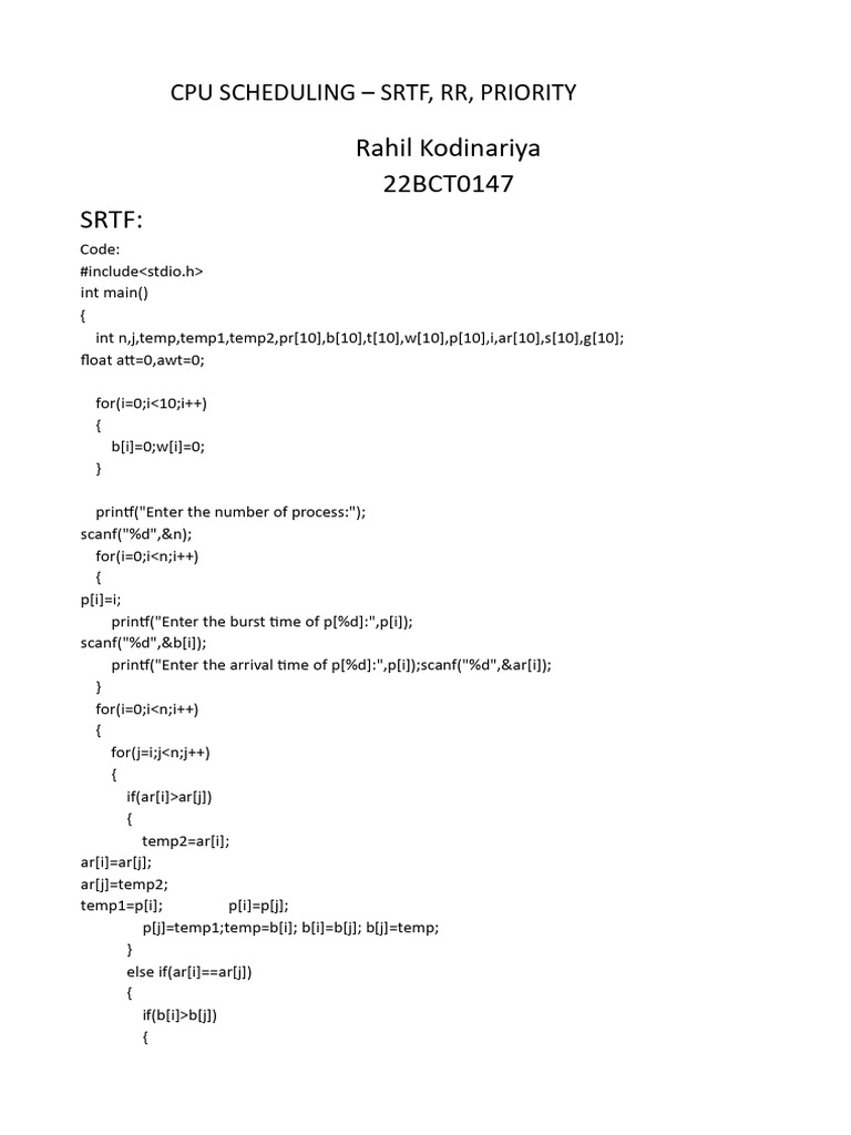 OS LAB CPU Scheduling 22bct0147 | PDF | Computing | Object Oriented Programming