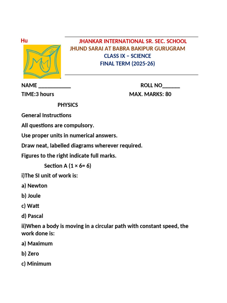 Class IX Science Final Exam Paper 2025-26 | PDF | Atoms | Tissue (Biology)