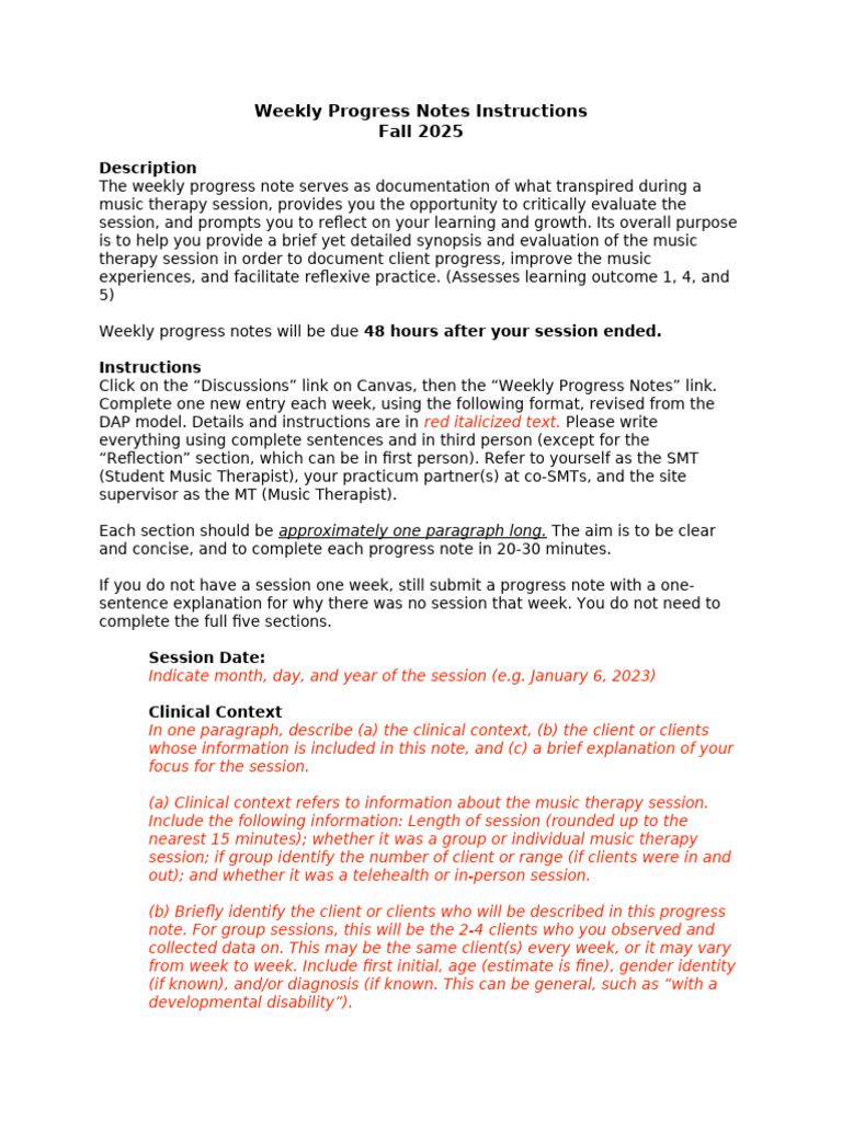 Weekly Music Therapy Progress Notes Guide | PDF | Psychotherapy ...