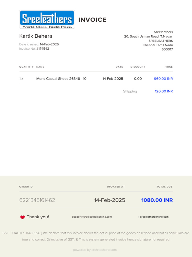 Invoice for Mens Casual Shoes Purchase | PDF