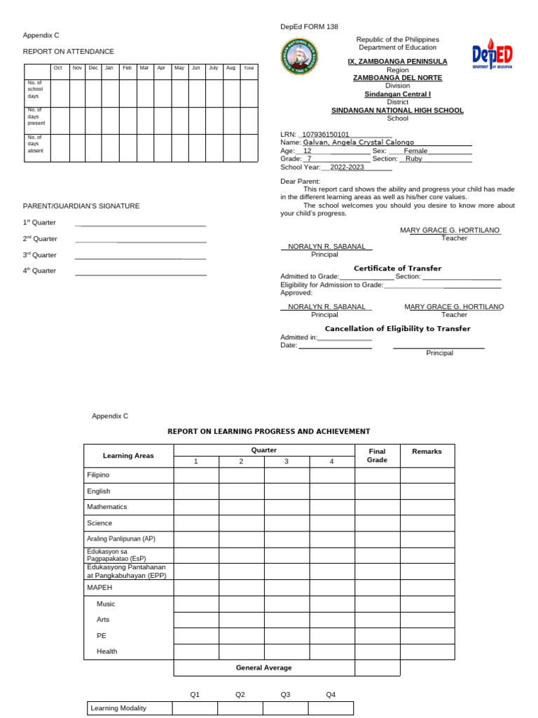 CArd for students grade 7 report card snhs | PDF | Philippines