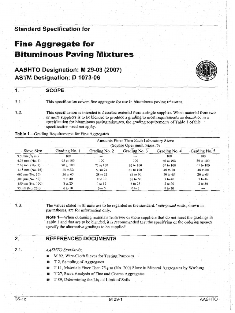 M 29-03 (2007) [Fine Aggregate for Bituminous Paving Mixtures] | PDF ...