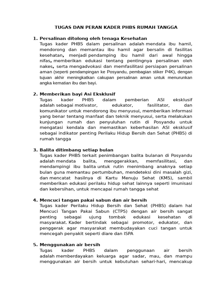 Tugas Dan Peran Kader PHBS Rumah Tangga | PDF