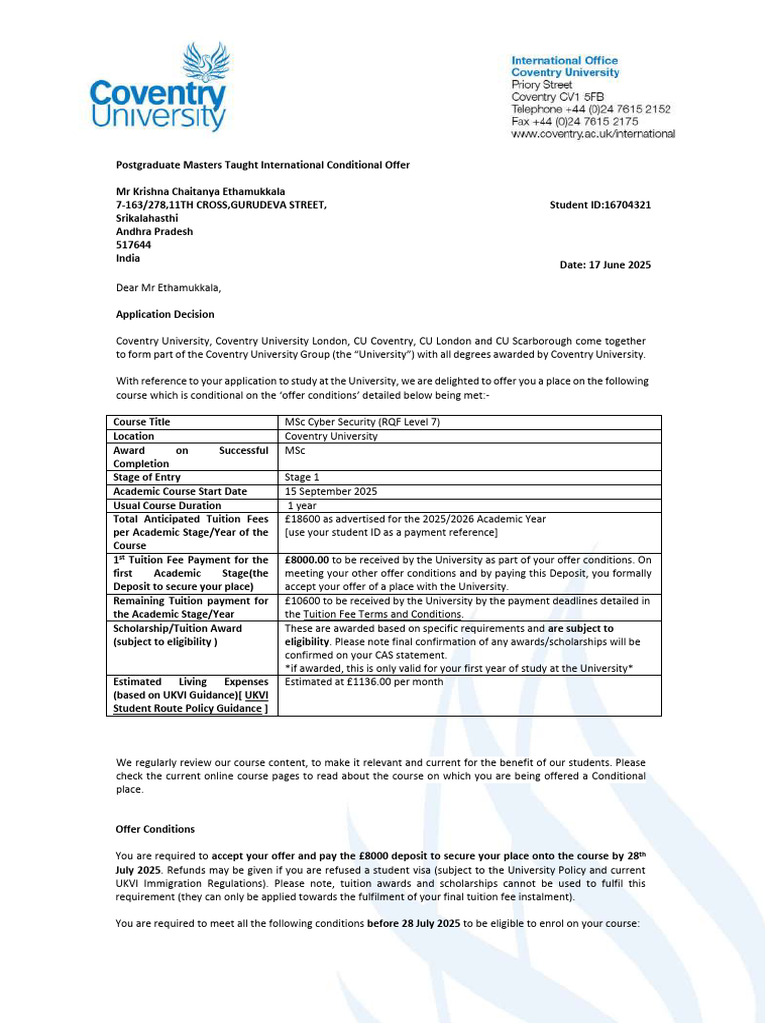 Conditional Offer for MSc Cyber Security | PDF | Travel Visa | Tuition ...