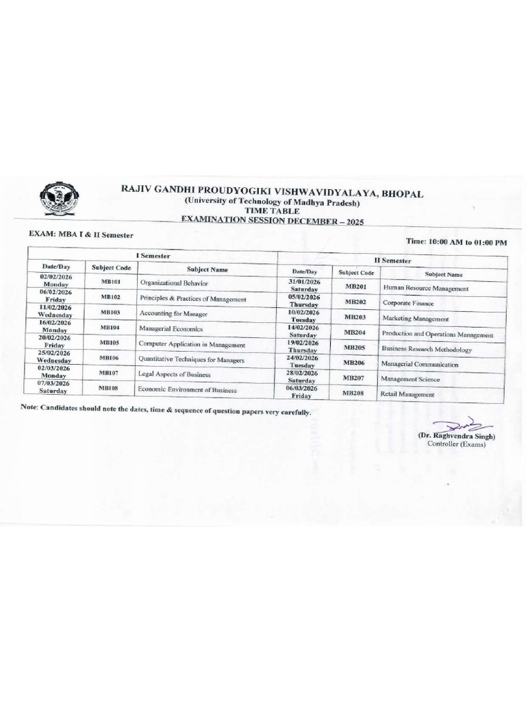 Mba I & II Sem Time Table RGPV | PDF | Business Economics | Economies