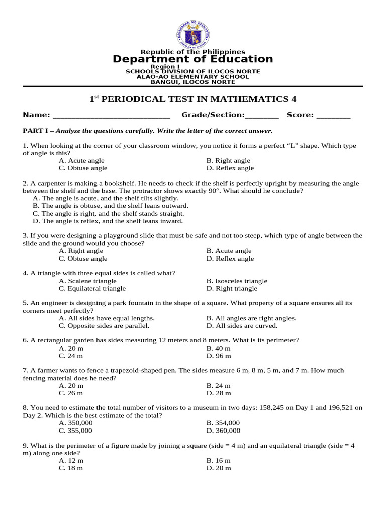 DTC - PT - Math 4 - q1 Matatag Tos Key | PDF | Triangle | Euclid