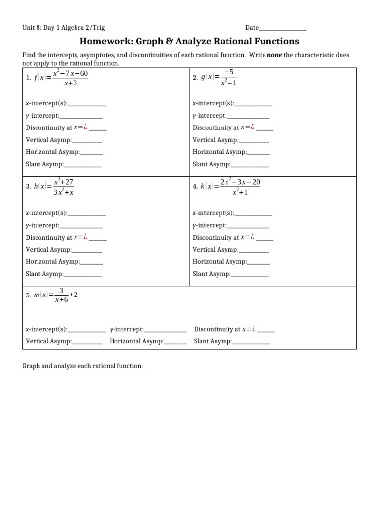 Day 1 Graphing Rationals Functions Homework Blank | PDF | Asymptote ...