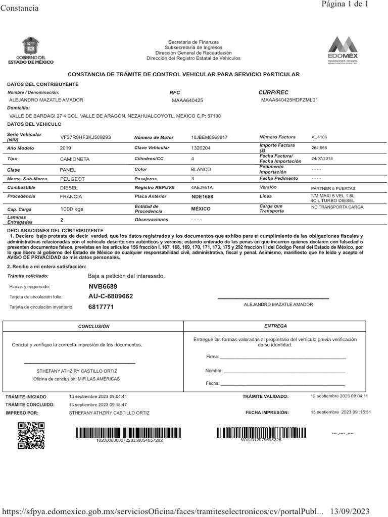 Constancia de Trámite de Control Vehicular para Servicio Particular ...