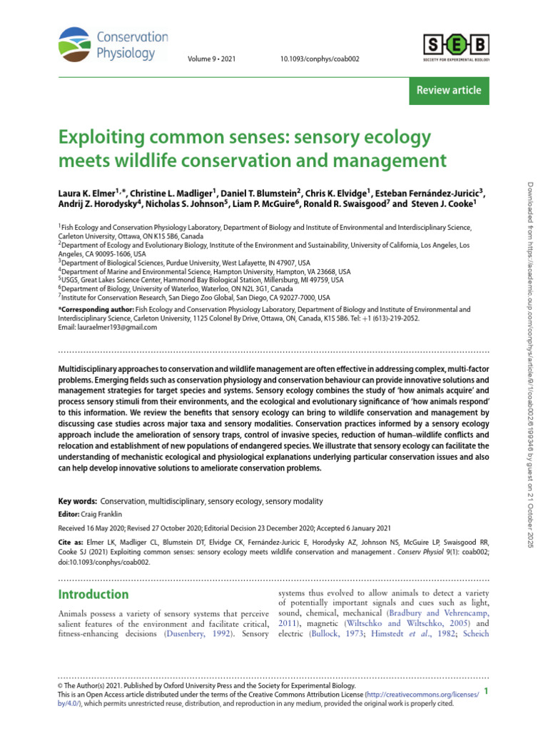 Sensory Ecology in Wildlife Conservation | PDF | Perception | Light