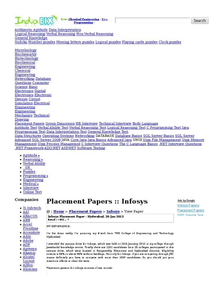 Placement Papers:: Infosys: Search | PDF | Test (Assessment) | Reading ...
