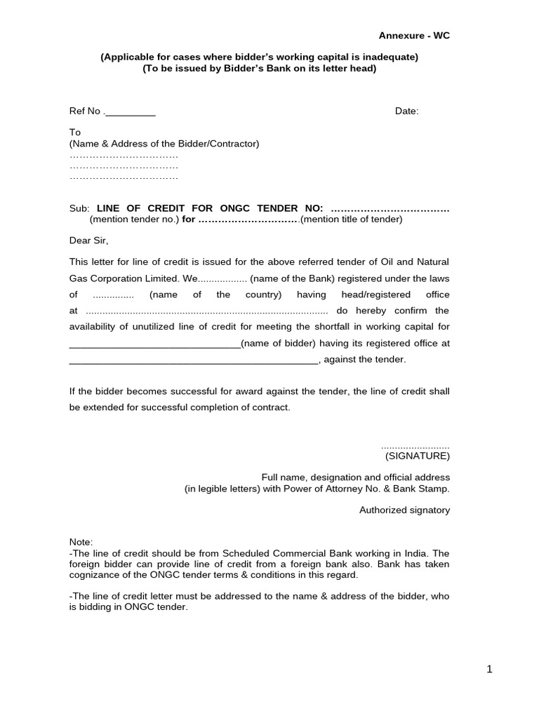 Line of Credit Letter for ONGC Tender | PDF