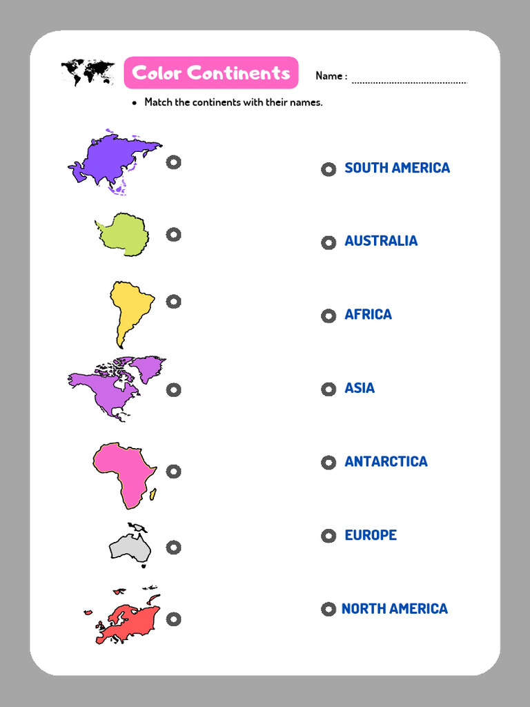 Match Color Continents Worksheet Africa America Asia Europe Antarctica ...