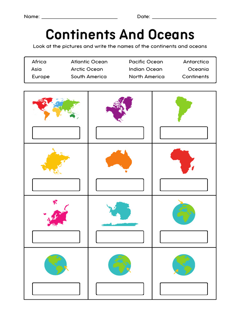White Colorful Continents and Oceans Vocabulary Worksheet | PDF