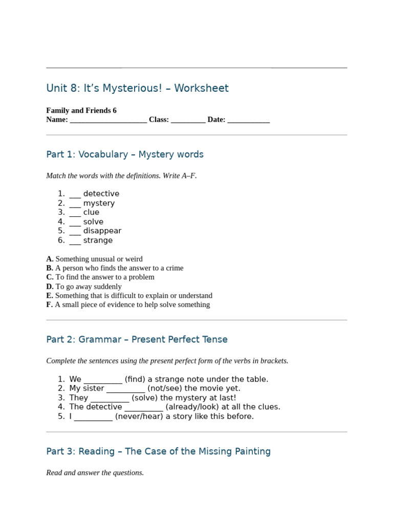 Mystery Vocabulary and Grammar Worksheet | PDF