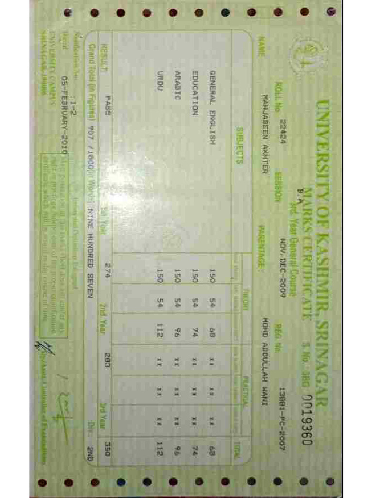 UG Marks Card | PDF