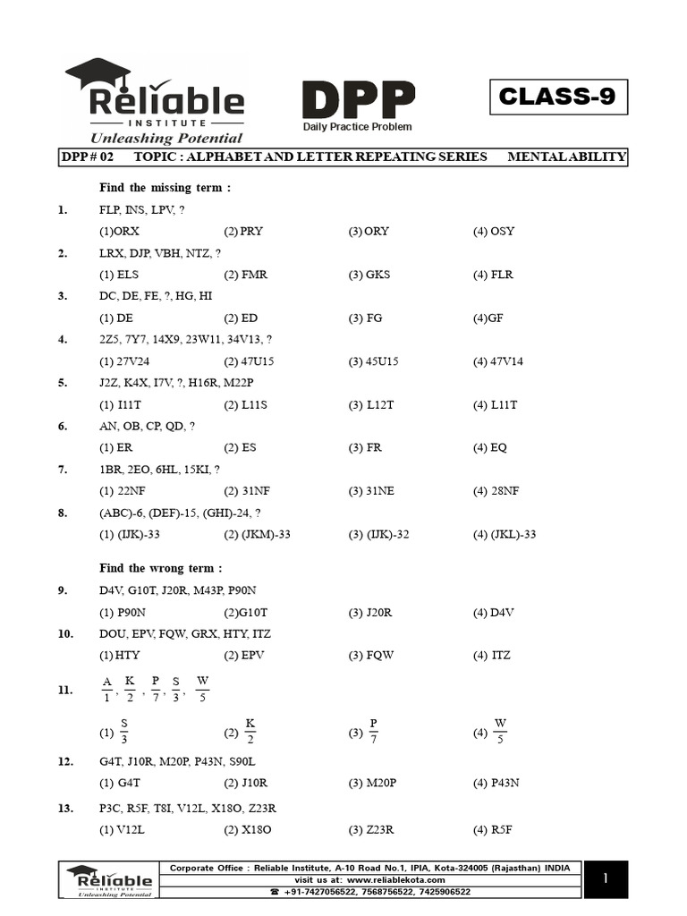 Alphabet and Letter Repeating Series - Class-9 | PDF | Chess Theory ...