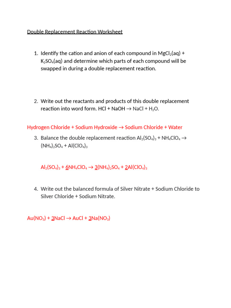 Double Replacement Reaction Worksheet | PDF