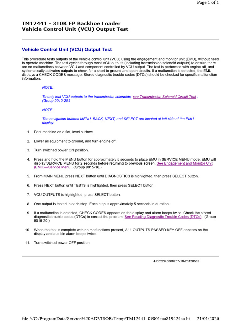 VCU Output Test for 310K Backhoe Loader | PDF