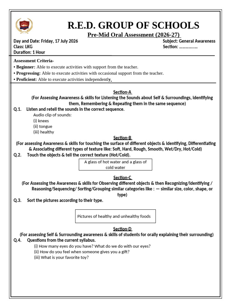 Grade LKG GA Pre-Mid Oral Assessment | PDF