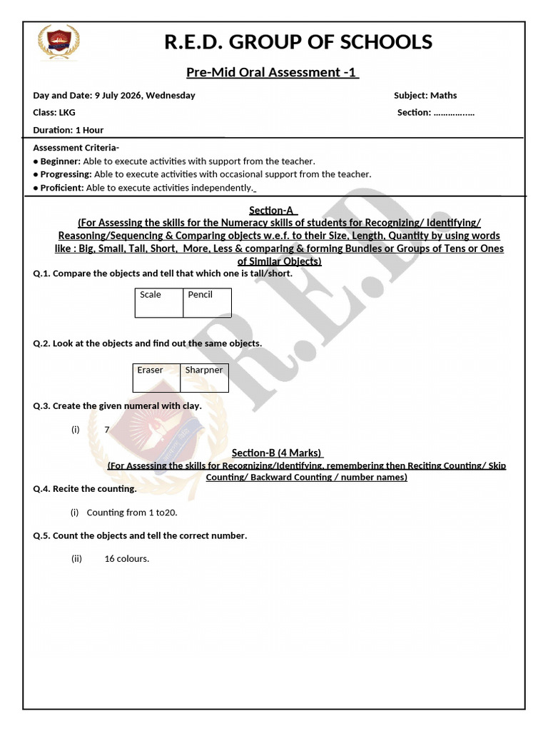 Grade LKG Maths Pre Mid Assessment-1 Maths | PDF