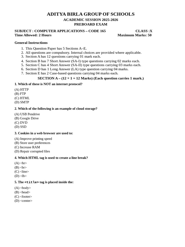 Computer Applications Preboard Exam 2025-26 | PDF | World Wide Web ...