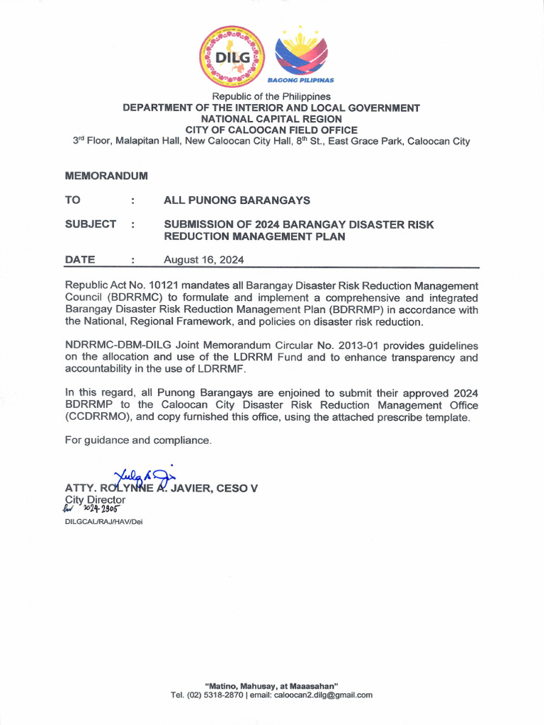 Memo To PBs Submission of 2024 Barangay Disaster Risk Reduction ...