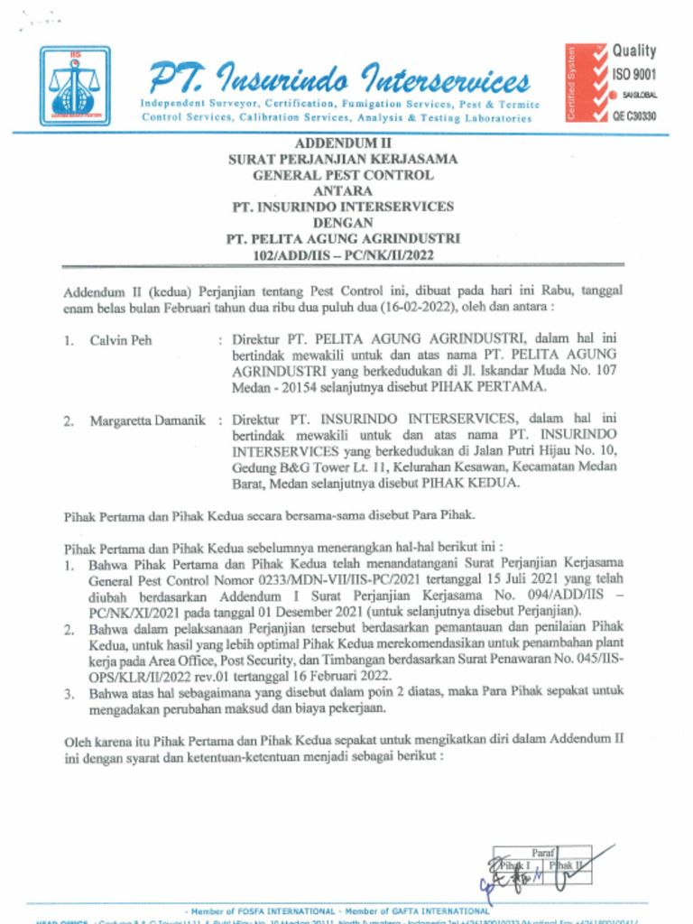 Surat Perjanjian Kerjasama General Pest Control Antara PT Insurindo Dan ...