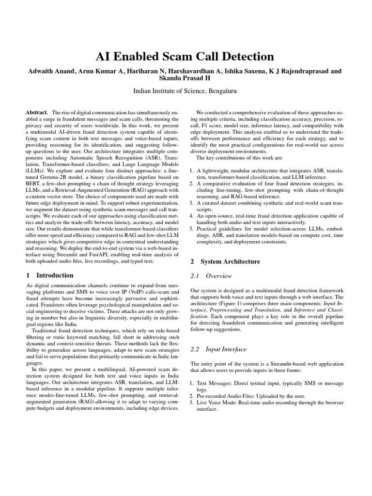 AI-Powered Scam Call Detection System | PDF | Speech Recognition | Phishing