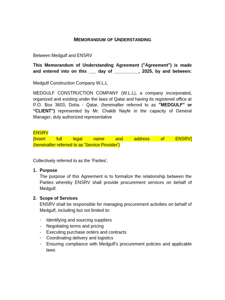 Memorandum of Understanding Agreement - Medgulf - ENSRV | PDF ...