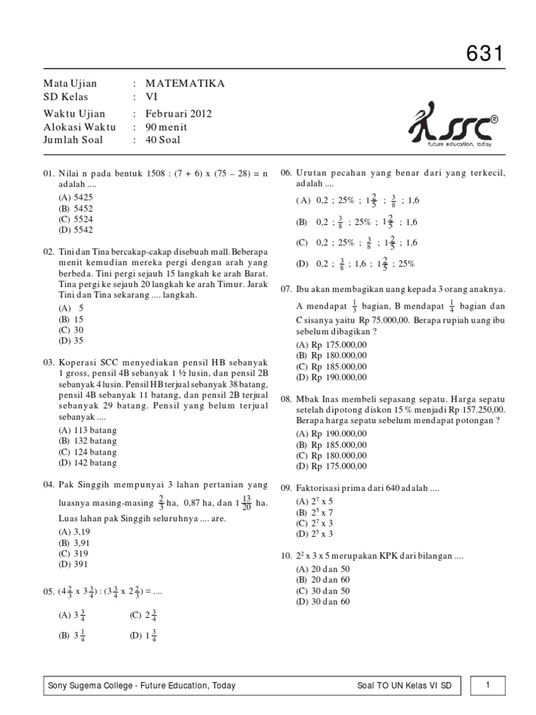 Soal To UASBN Matematika Kelas 6 SD Kode 631 | PDF | Metode & Bahan Ajar