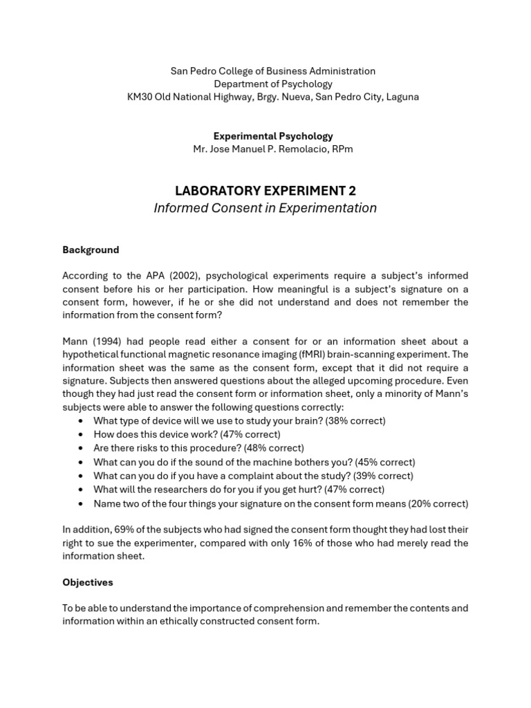 Laboratory Experiment 2 | PDF | Informed Consent | American ...